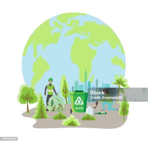 사람들은 쓰레기를 종류별로 분류하여 재활용을 위해 용기에 넣습니다 생태 개념입니다 플랫 벡터 그림입니다 쓰레기 수거를 하는