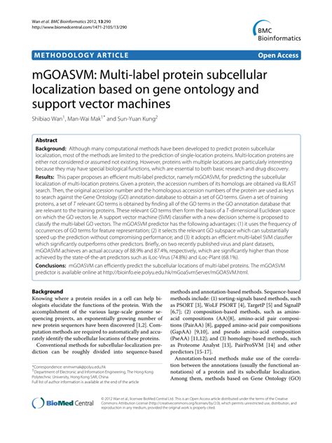 Pdf Mgoasvm Multi Label Protein Subcellular Localization Based On Gene Ontology And Support