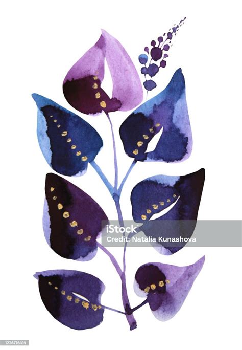 흰색 배경에 고립 된 잎 꽃 수채화 파란색과 보라색 분기 카드 스티커 꽃집 포장 벽지 직물예술 창의적 손으로 그린 개체 드로잉에