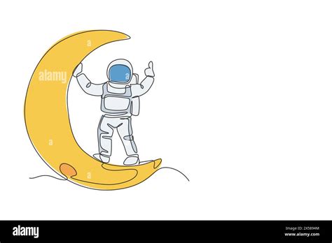 One Continuous Line Drawing Cosmonaut Exploring Outer Space Astronaut Standing On Crescent Moot
