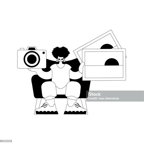 활력이 넘치는 여성은 사진과 카메라를 들고 있습니다 관광 과목 희미하고 하얀 선의 장인 정신 트렌디한 스타일 벡터 일러스트레이션 Health에 대한 스톡 벡터 아트 및 기타