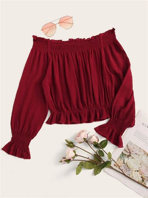 Camisa De Hombros Descubiertos Bajo Fruncido Shein España Ropa De