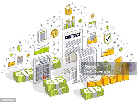 금융 계약 개념 종이 법률 문서 및 현금 돈 스택 흰색 배경에 고립 아이콘 통계 차트 및 디자인 요소와 벡터 3d 아이소메트릭 비즈니스 그림 부동산에 대한 스톡 벡터 아트