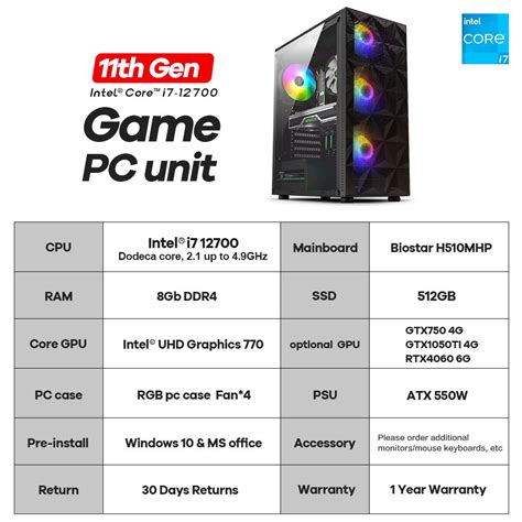 12th Gen I7 Desktop Computer Full Set Intel Core I7 12700 Dodeca Core 16g Ram 1tb Ssd Rtx4060
