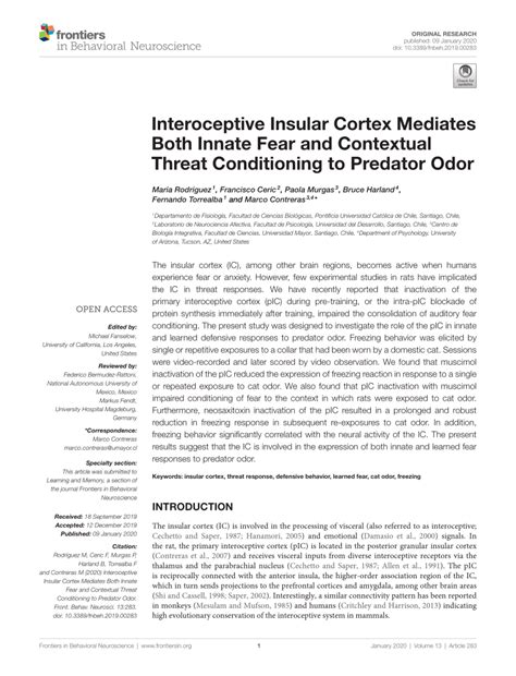 Pdf Interoceptive Insular Cortex Mediates Both Innate Fear And