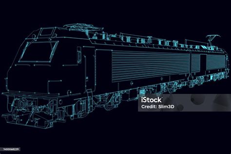 어두운 배경에 고립 된 파란색 선으로 만든 열차 와이어 프레임 3d 벡터 일러스트레이션 기차에 대한 스톡 벡터 아트 및 기타