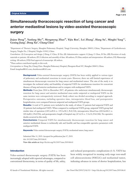 Pdf Simultaneously Thoracoscopic Resection Of Lung Cancer And Anterior Mediastinal Lesions By