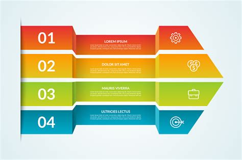 최신 인포그래픽 템플릿 4 다채로운 수평 스트립의 큰 종이 화살표 그래프 차트 보고서 프레젠테이션 단계별 인포그래픽 웹 디자인에 사용할 수 있습니다 벡터 일러스트레이션 0