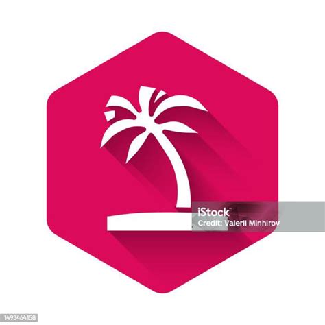 하얀 열대 야자수 아이콘은 긴 그림자 배경으로 분리되어 있다 코코넛 야자수 핑크 육각형 버튼 벡터 0명에 대한 스톡 벡터 아트