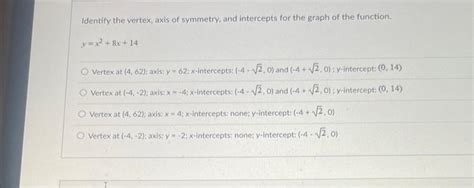 solved identify the vertex axis of symmetry and intercepts