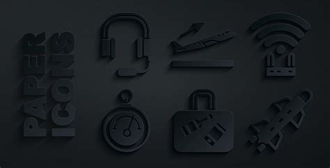 여행 가방 라우터 및 Wifi 신호 기압계 로켓 비행기 이륙 및 마이크 아이콘이 있는 헤드폰을 설정합니다 벡터 3차원 형태에 대한 스톡 벡터 아트 및 기타 이미지 Istock