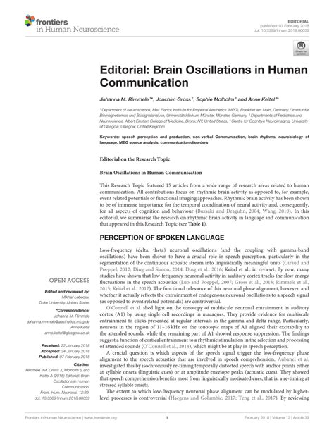 Pdf Editorial Brain Oscillations In Human Communication