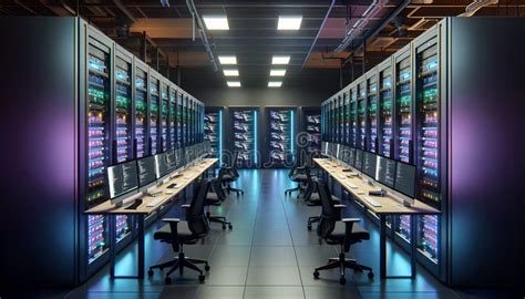 Ai Generated Illustration Of A Large Computers In Server Room With Rows Of Screens On Both Sides