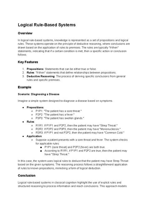 Classical Cognition Example 2 Logical Rule Based Systems Logical Rule