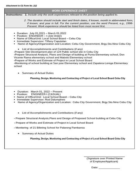Cs Form No 212 Work Experience Sheet Pdf