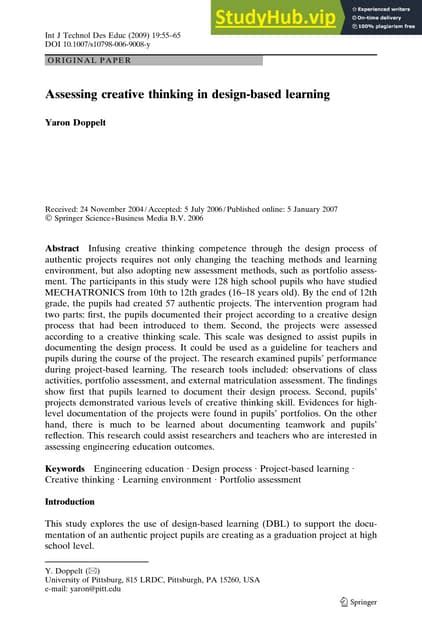 Assessing Creative Thinking In Design Based Learning Pdf Education