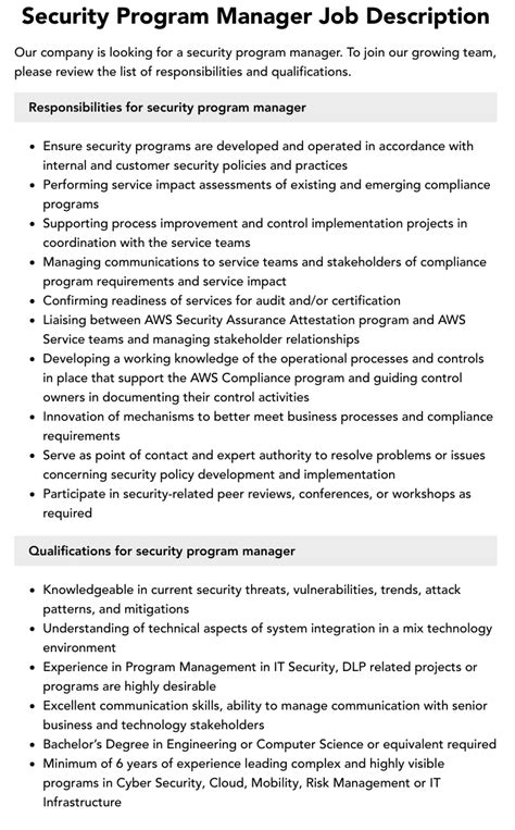 Security Program Manager Job Description Velvet Jobs