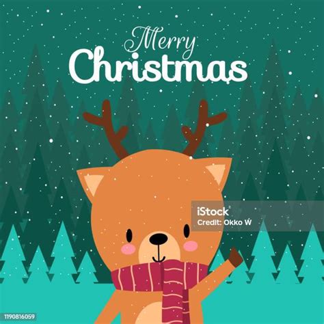 웃고 재미있는 얼굴과 빨간 스카프를 입고 귀여운 가와이이 손으로 그린 사슴메리 크리스마스 만화 벡터 문자 그림 플랫 디자인 배경 인사말 초대 엽서 배너 Eps 10 0명에