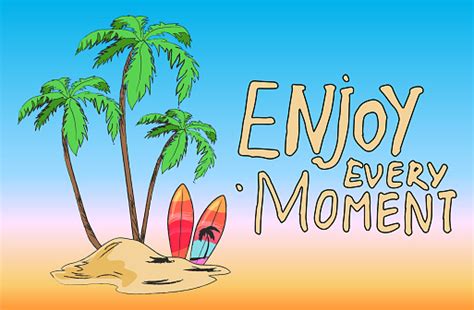 섬에 손바닥과 세련된 문자 포스터는 모든 순간을 즐길 수 있습니다 손으로 그린 트로픽 배너 개념에 대한 스톡 벡터 아트 및 기타 이미지 Istock