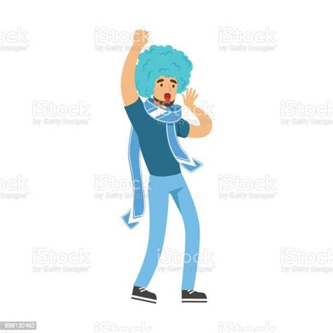 그의 팀 벡터 일러스트 레이 션의 승리를 축 하 하는 블루가 발에 축구 팬 문자 응원 남자에 대한 스톡 벡터 아트 및 기타