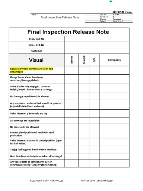 Final Inspection Release Note Pdf Valve Engineering Tolerance
