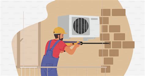 에어컨 설치 서비스 개념입니다 전문 기술자 승무원 캐릭터 작업 집이나 사무실에 새로운 분할 시스템 실외기를 설치합니다 만화