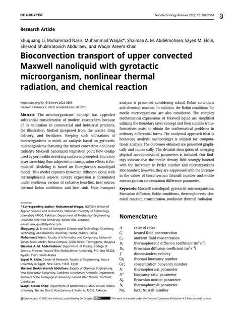 Pdf Bioconvection Transport Of Upper Convected Maxwell Nanoliquid With Gyrotactic