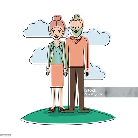 야외 수채화 실루엣 장면에 몇 가지와 그녀의 블라우스와 재킷 및 치마와 뒤꿈치 신발 수집 머리와 수염 고 스웨터와 바지와 신발 테이퍼 페이드가 발 2명에 대한 스톡 벡터