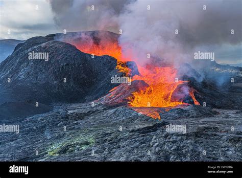 Volcanic Landscape In Iceland Glowing Lava Emerges From Volcanic