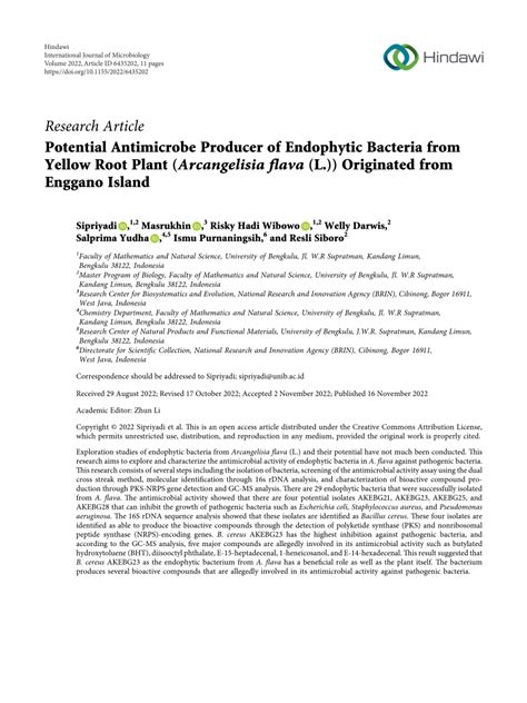 Pdf Potential Antimicrobe Producer Of Endophytic Bacteria From Yellow Root Plant Arcangelisia