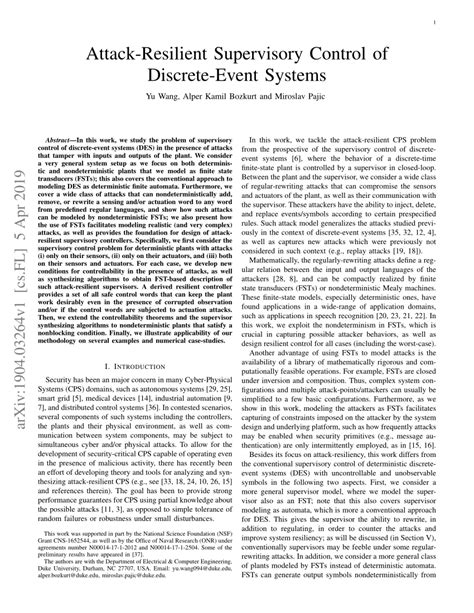 Pdf Attack Resilient Supervisory Control Of Discrete Event Systems