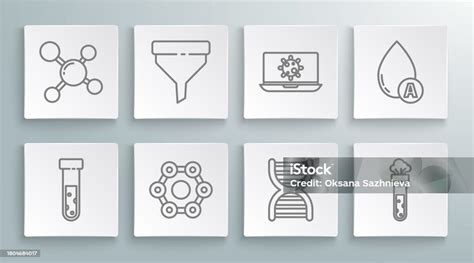 세트 라인 시험관 및 플라스크 화학 물질 깔때기 또는 필터 화학식 Dna 기호 노트북의 박테리아 물방울 및 분자 아이콘 벡터 0