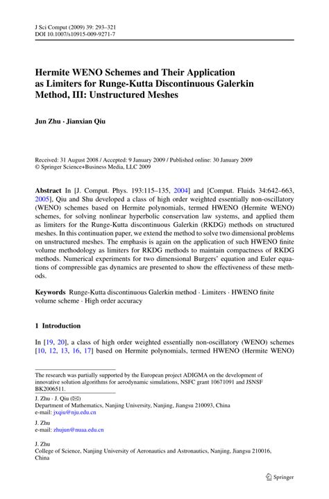 Pdf Hermite Weno Schemes And Their Application As Limiters For Runge Kutta Discontinuous