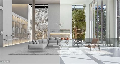 3d 레이어 편집 채널 렌더링 나무와 수직 정원이 있는 고급스러운 큰 거실의 이미지 모델 현실 색상 및 디지털 드로잉 스케치의 혼합 조합 스타일 호화로움에 대한 스톡 사진