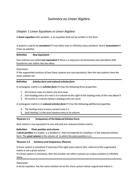 A Summary On Linear Algebra Summary On Linear Algebra Chapter 1