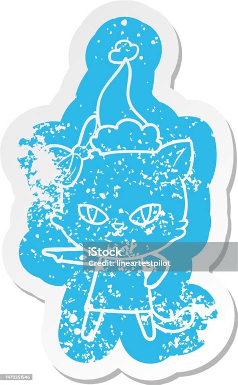 산타 모자를 쓰고 드레스를 입은 고양이의 귀여운 기발한 만화 고민 스티커 0명에 대한 스톡 벡터 아트 및 기타 이미지 0명 고양이 새끼 귀여운 Istock