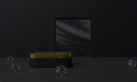 빈 배경 3d 렌더링이 있는 광고 디스플레이의 검은색 연단 및 검정색 배경 스탠드 또는 연단 받침대 프리미엄 사진