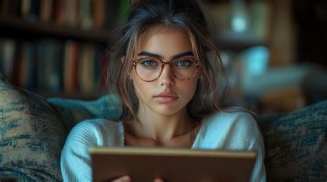 Young Woman Wearing Round Glasses Looking At Tablet Premium Ai