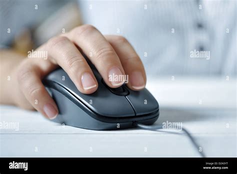 Female Hand Clicking Computer Mouse Closeup Small Shallow DOF Stock Photo Alamy