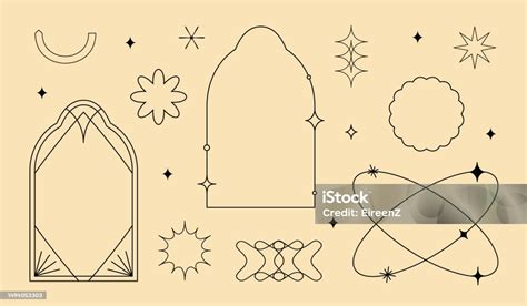 선형 미니멀리즘 미적 프레임 테두리 보헤미안 및 펑키한 2yk 스타일의 별이 있는 기하학적 모양의 벡터 세트 직사각형 소셜 미디어 장식 로고 디자인 템플릿을 위한 아치 요소