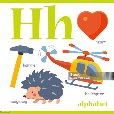 만화 어휘 삽화가 있는 알파벳 문자 H 심장 헬리콥터 고슴도치 망치 귀여운 아이들 Abc 알파벳 플래시 카드와 문자 H는 영어 어휘를 배우는 아이들을위한 것입니다 0명에