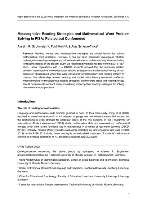 Pdf Metacognitive Reading Strategies And Mathematical Word Problem Solving In Pisa Related