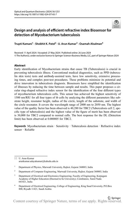 Design And Analysis Of Efficient Refractive Index Biosensor For Detection Of Mycobacterium