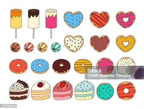 과자 낙서 벡터 세트 만화 디자인 쿠키 케이크 도넛 아이스크림 컬렉션 개체 그룹에 대한 스톡 벡터 아트 및 기타 이미지 개체 그룹 검볼 공휴일 Istock