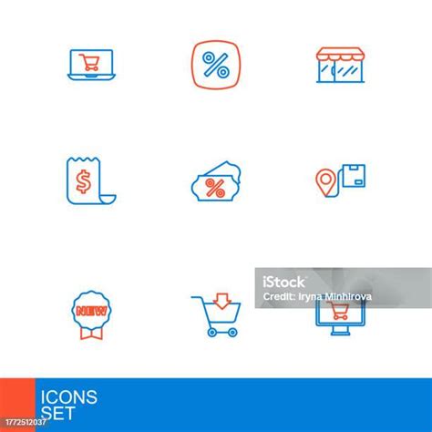 모니터에 라인 장바구니를 설정하고 추가하고 새로운 가격표 위치 골판지 상자 종이 수표 및 재정 수표 할인 비율 시장 상점 및 아이콘을 설정합니다 벡터 0명에 대한 스톡 벡터