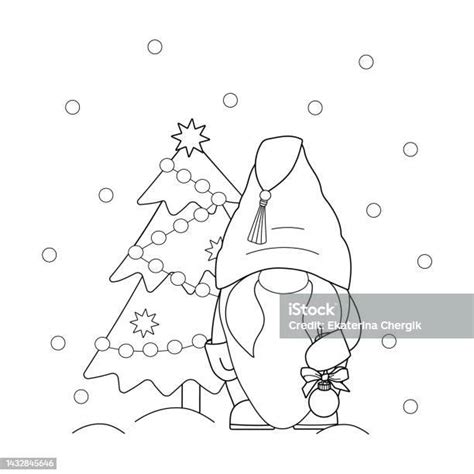 귀여운 겨울 아이 색칠 공부 페이지 크리스마스 트리와 그놈과 함께 간단한 모양의 흑백 만화 벡터 일러스트 레이 션 겨울에 대한 스톡 벡터 아트 및 기타 이미지 Istock