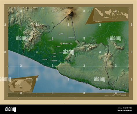 Yogyakarta Special Region Of Indonesia Colored Elevation Map With Lakes And Rivers Locations