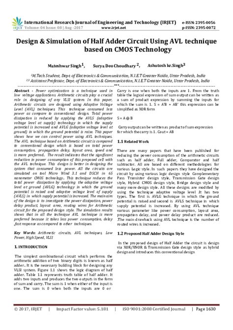 pdf design and simulation of half adder circuit using avl technique