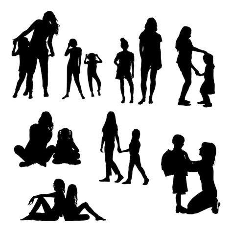 Conjunto De Siluetas De Madre E Hija Vector Premium