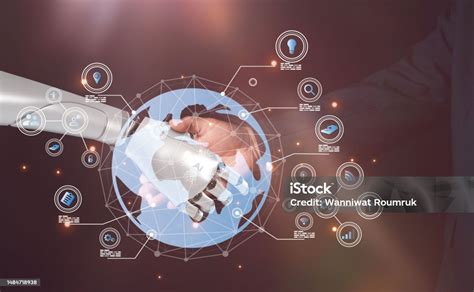 기계 학습 디지털 로봇의 손 인간 과학 및 인공 지능 기술 혁신 및 미래 인간 및 Ai 개념과의 단결 그래픽 아이콘 표시 감정에